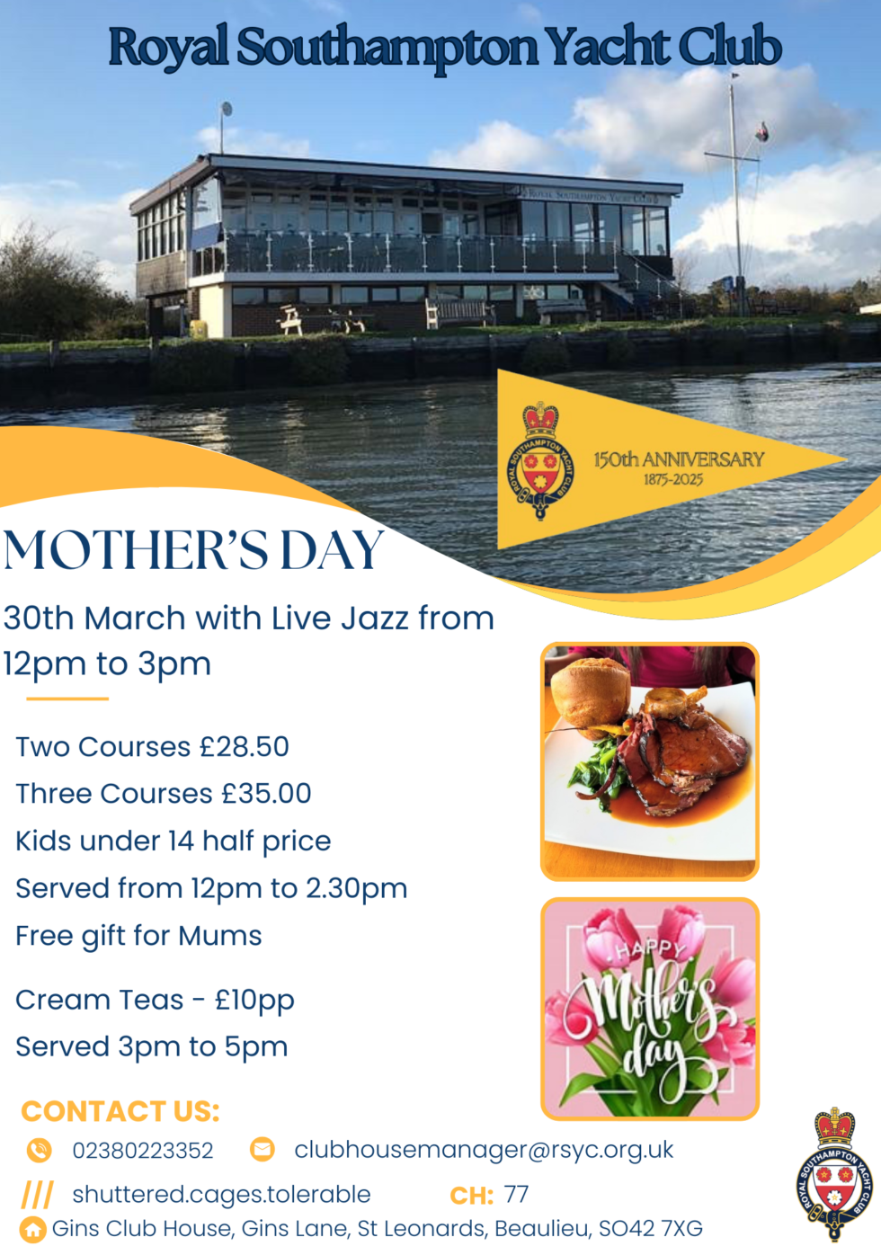 Mothers Day Lunch and Cream Tea - Royal Southampton Yacht Club